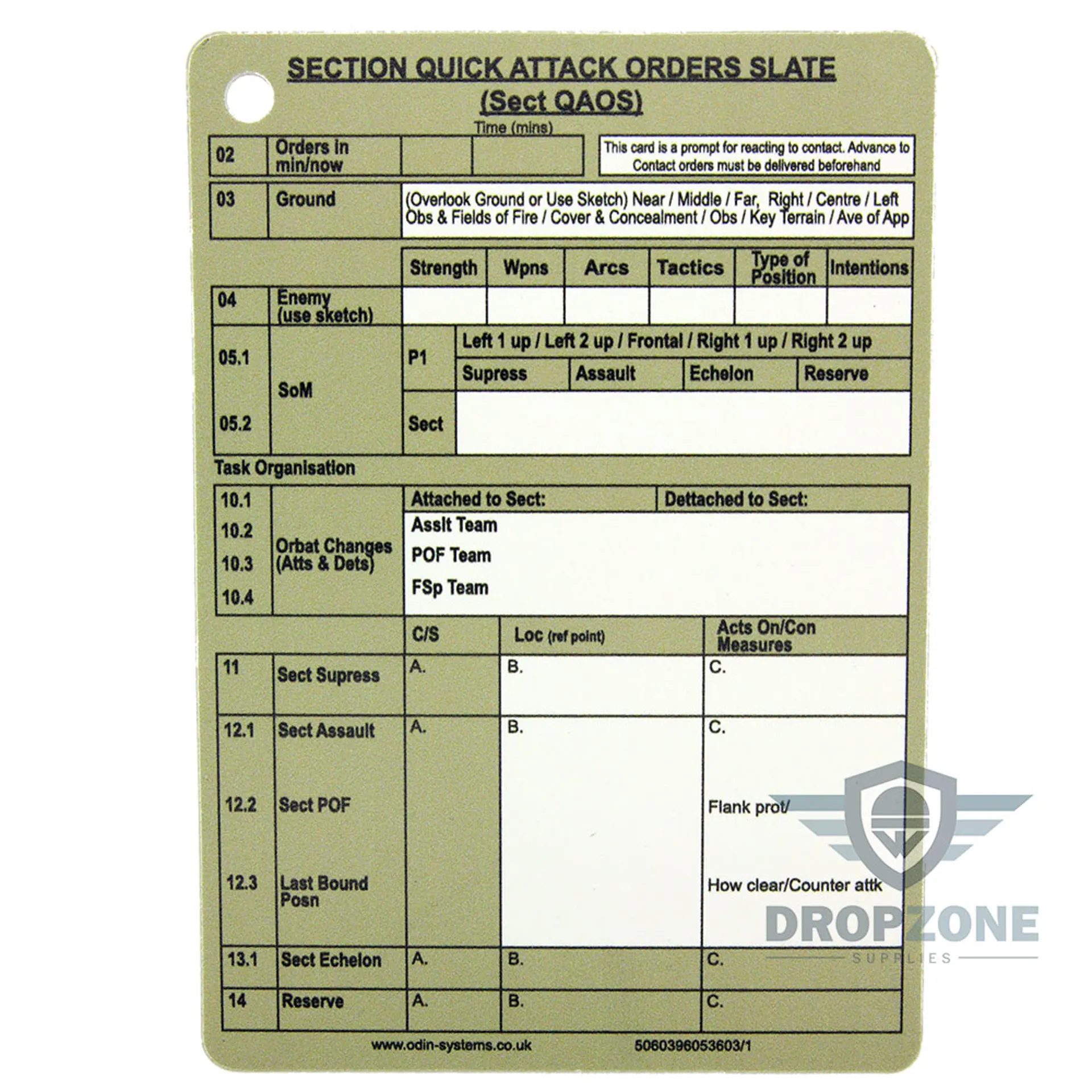 Odin A6 Section Quick Attack Order Slate QAOS Crib Card