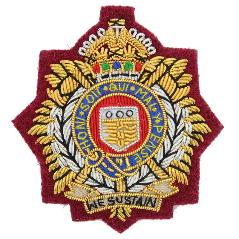 RLC Kings Crown Officers Cloth Maroon Cap Badge